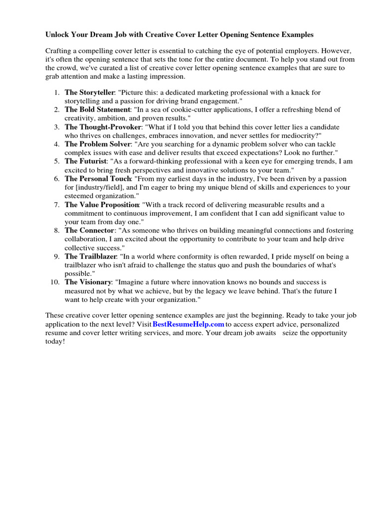 Creative Cover Letter Opening Sentence Examples | PDF | Résumé | Http ...