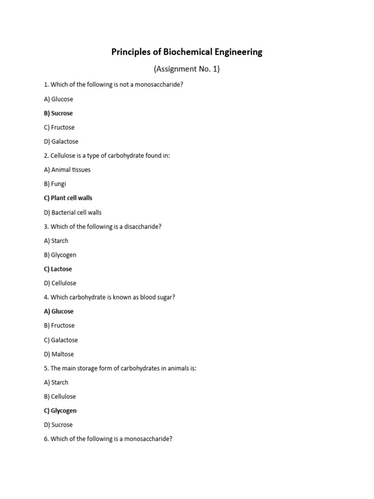 Principles of Biochemical Engg. MCQs | PDF | Carbohydrates | Glucose Principles of Biochemical Engg. MCQs | PDF | Carbohydrates | Glucose