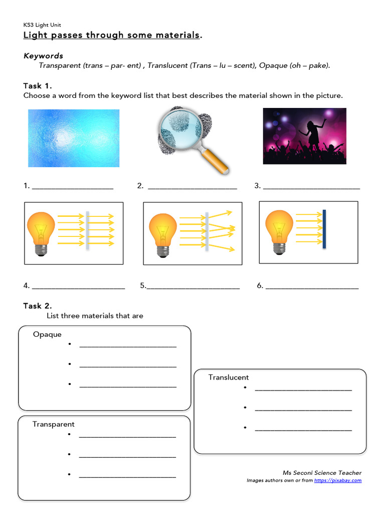 Light Passes Through Materials Literacy Activity | PDF | Light ...