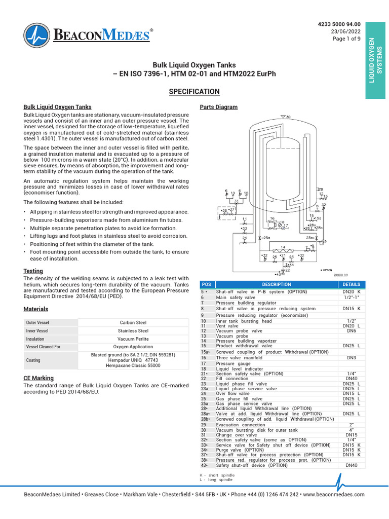 Ficha Técnica Estanque Criogénico Oxígeno | PDF | Valve | Oxygen