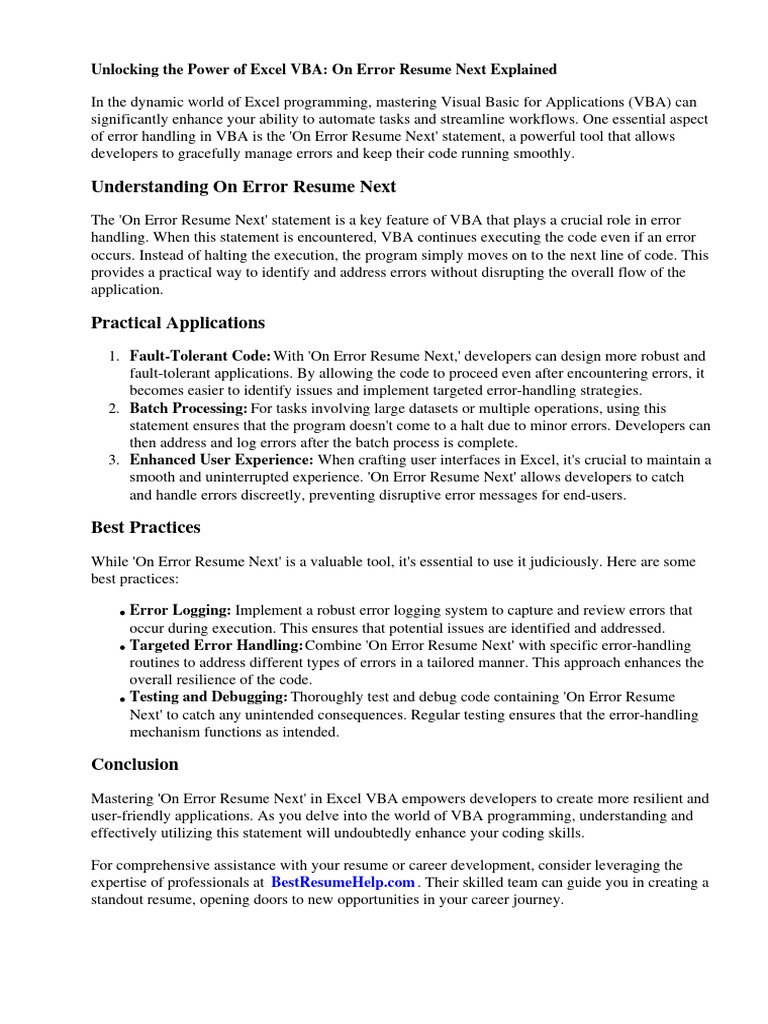 Excel Vba On Error Resume Next | PDF | Microsoft Excel | Visual Basic ... Excel Vba On Error Resume Next | PDF | Microsoft Excel | Visual Basic ...