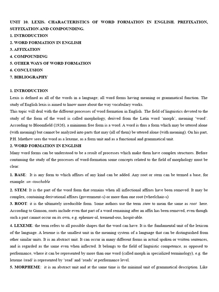 Unit10. Lexis. Characteristics of Word Formation in English. Prefixation, Suffixation and ...