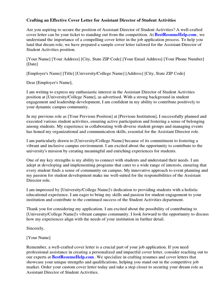Sample Cover Letter For Assistant Director of Student Activities | PDF ...