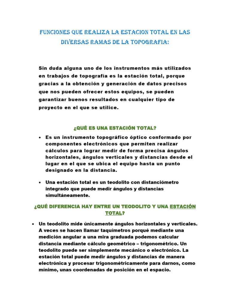 Funciones Que Realiza La Estacion Total en Las Diversas Ramas de La Topografia | PDF | Medición
