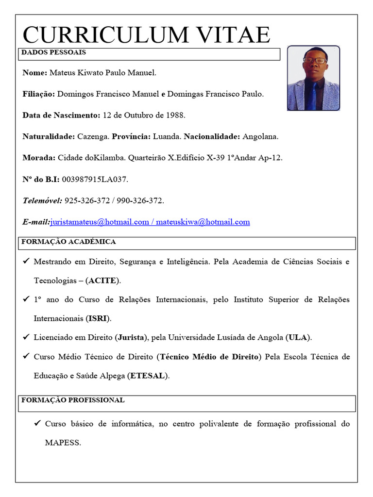 CURRICULUM VITAE Mateus Manuel | PDF | Angola | Desenvolvimento profissional