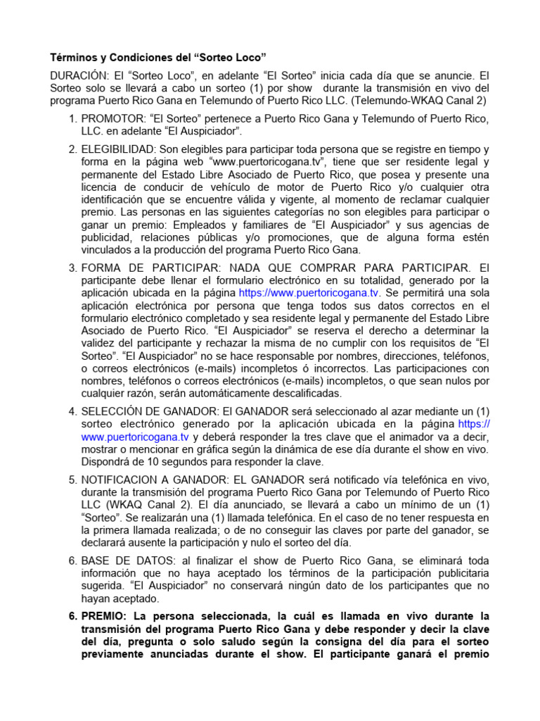 Terminos y Condiciones PR Gana Sorteo Loco - 2022 | PDF | Puerto Rico