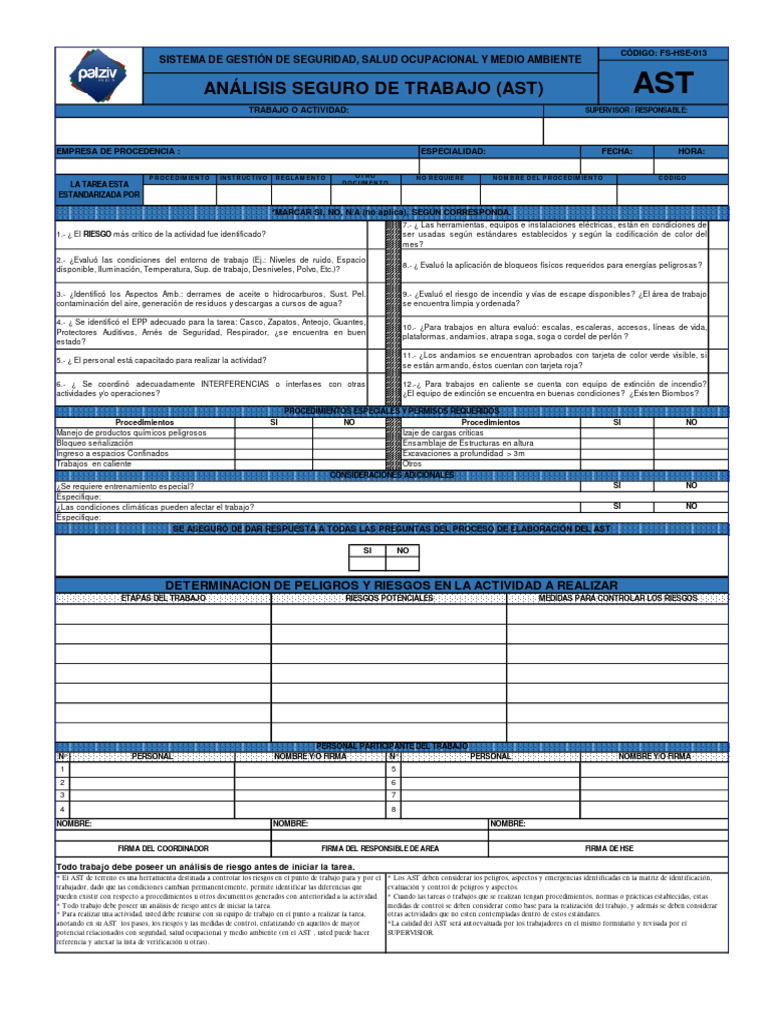 Análisis Seguro de Trabajo (Ast) : Sistema de Gestión de Seguridad, Salud Ocupacional Y Medio ...