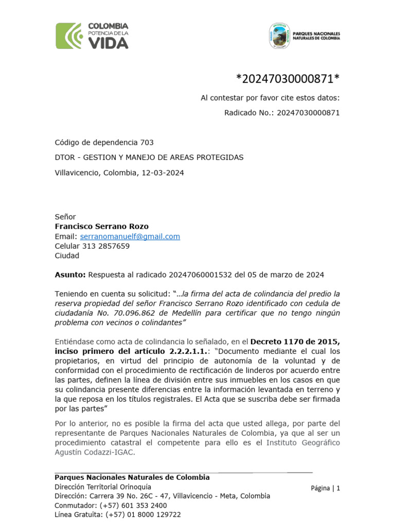 Respuesta sobre acta de colindancia en Colombia | PDF | Colombia
