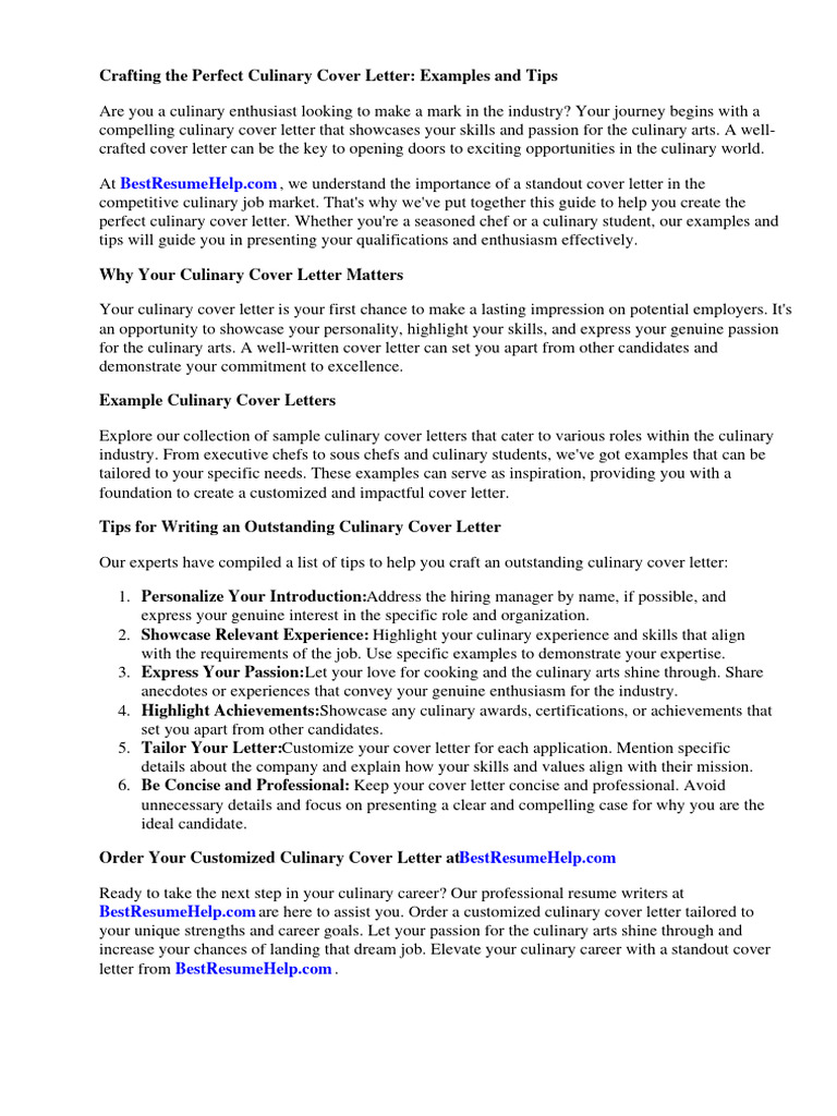 Culinary Cover Letter Examples | Download Free PDF | Chef | Culinary Arts