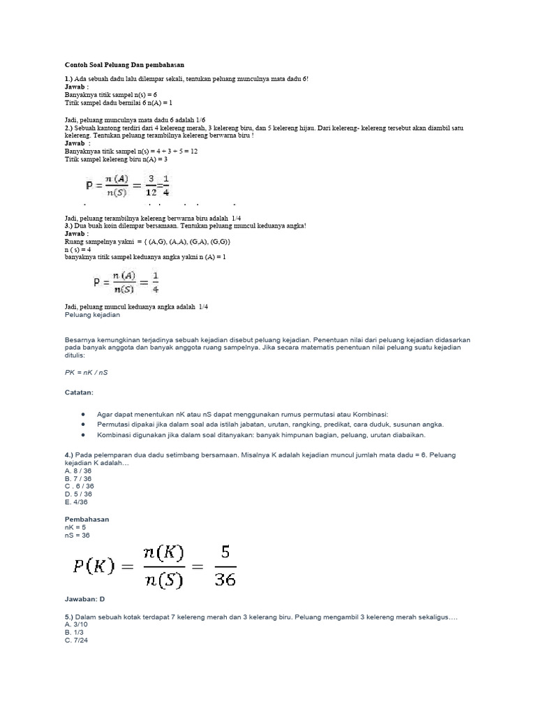 Contoh Soal Peluang Dan Pembahasan | PDF | Metode & Bahan Ajar