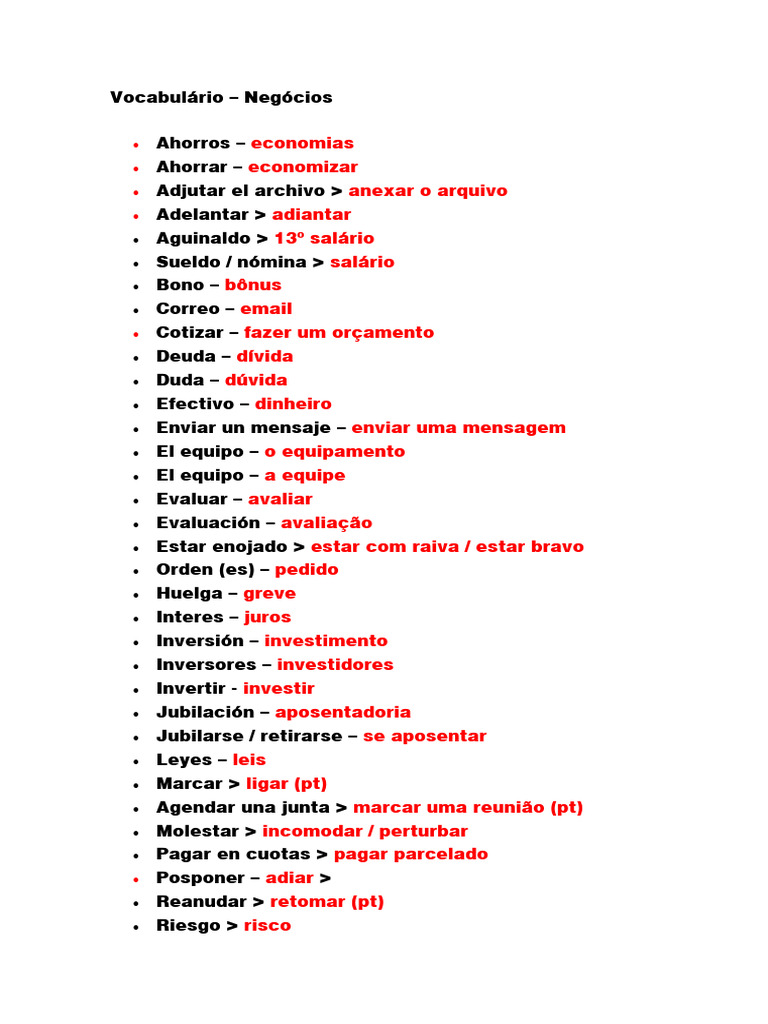 Lista de Vocabulario Español - Negócios | PDF