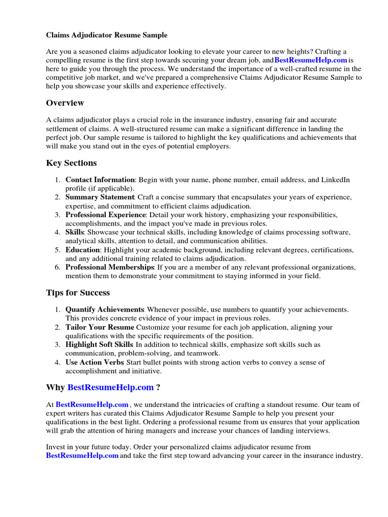 Claims Adjudicator Resume Sample | PDF
