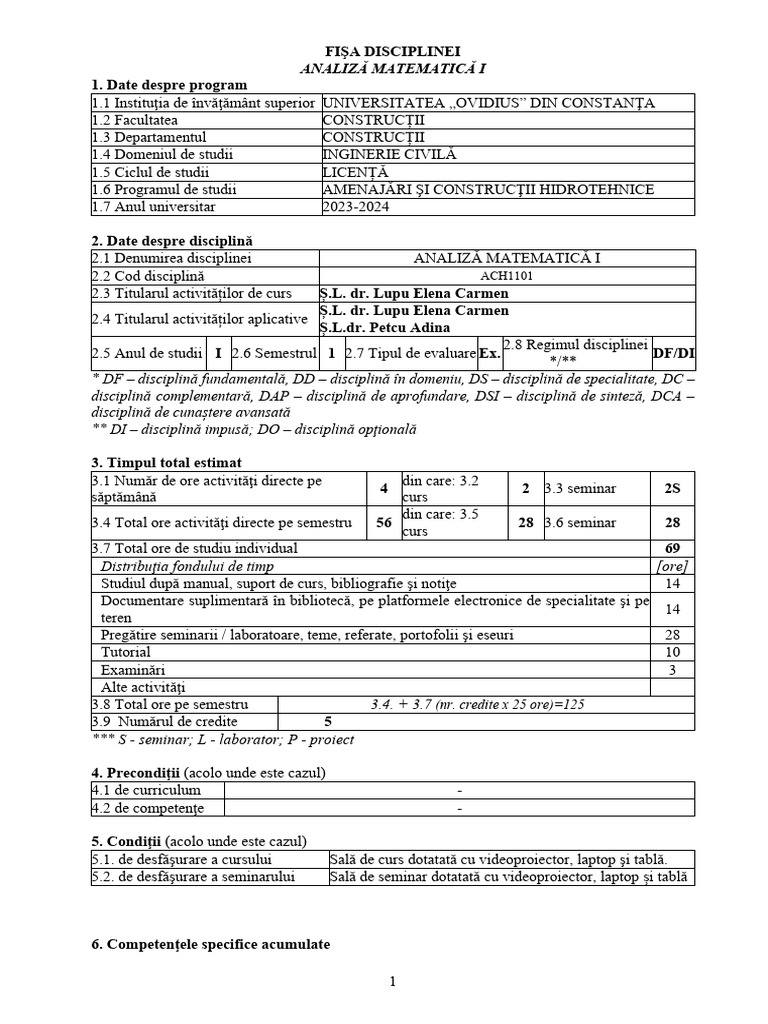 Fisa Disciplina ACH Anul 1 | PDF