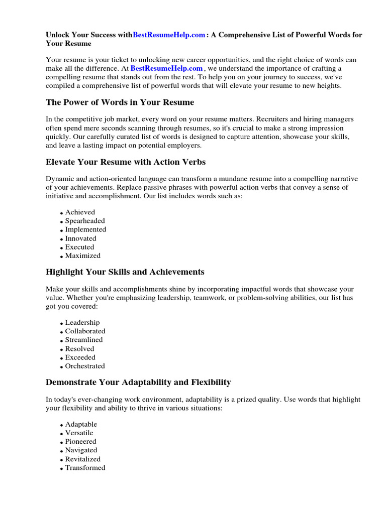 List of Words That Help Describe Yourself On A Resume | PDF | Résumé ...