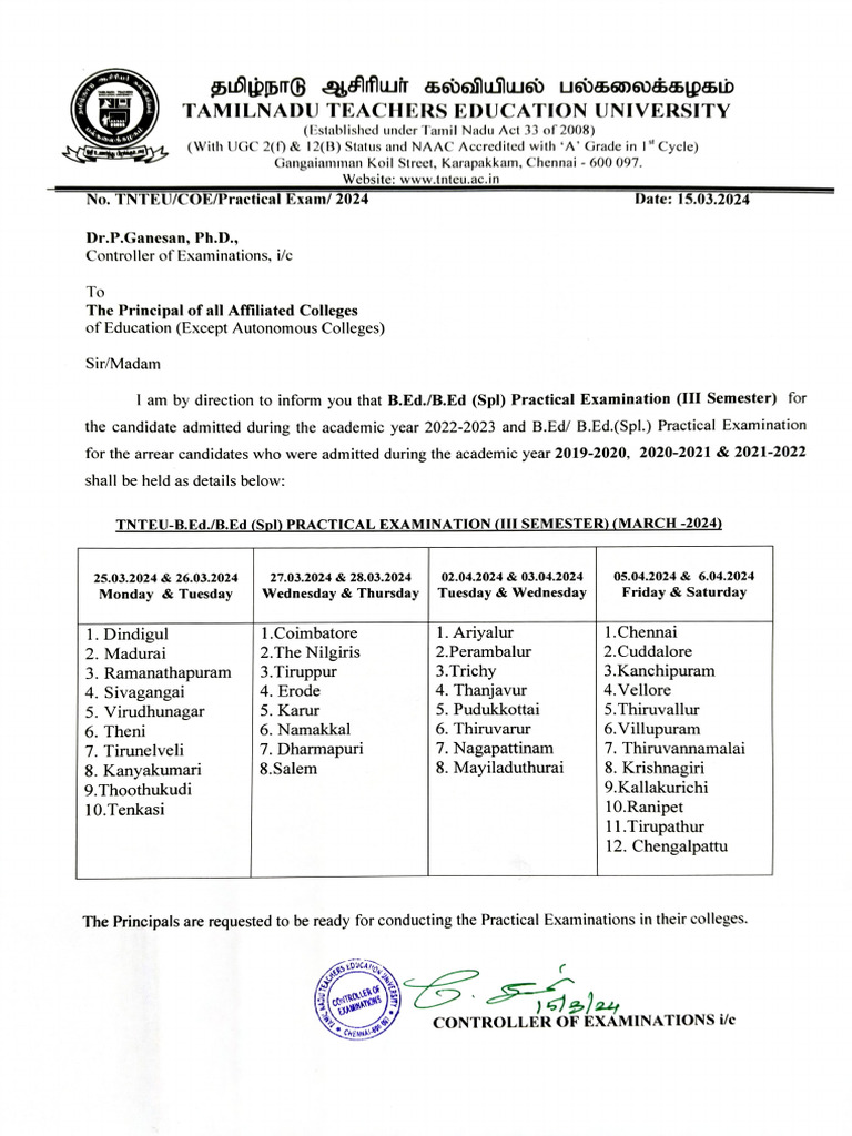 Tnteu-B.ed. - B.ed (SPL) Practical Examination (III Semester) (March-2024) PDF | PDF