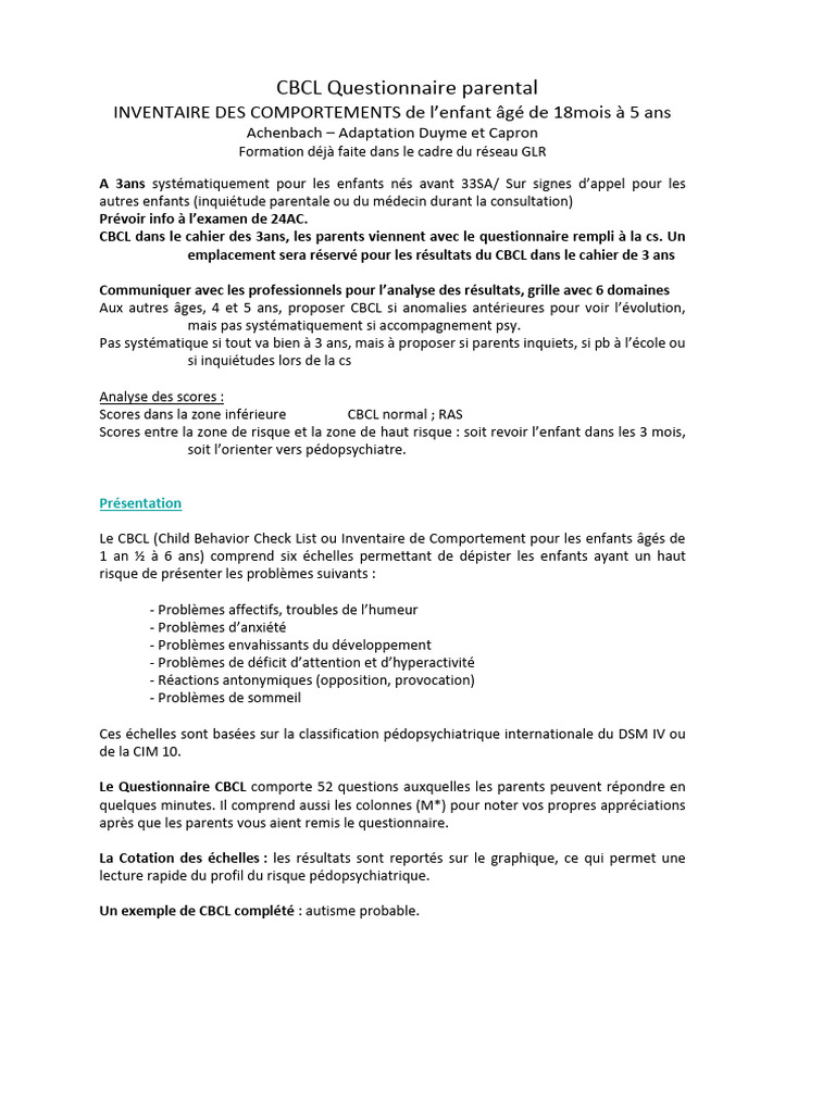 Cbcl-Questionnaire 18 MOIS - 5 Ans Ex | PDF | Trouble du déficit de l'attention avec ou sans ...