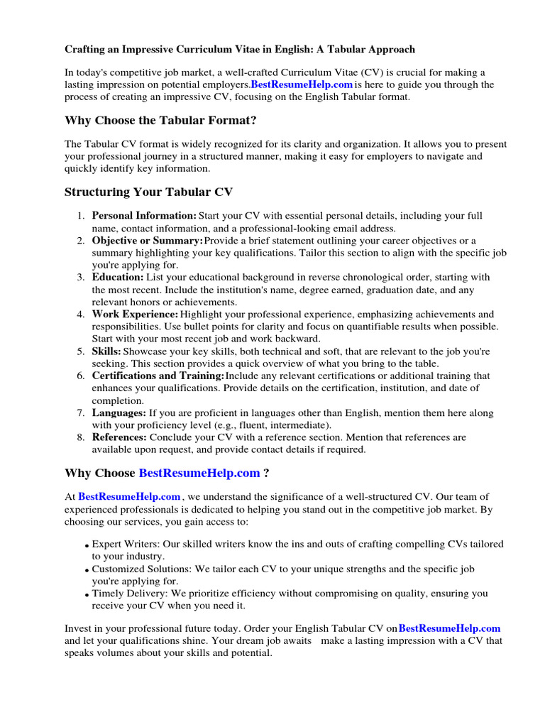 Tabular CV Guide for Job Seekers | PDF | Curriculum