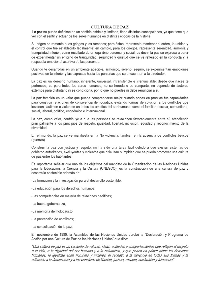 Cultura De Paz Pdf Paz Derechos Humanos