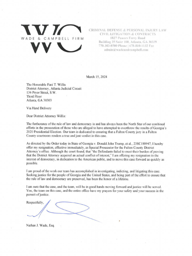 Nathan Wade Resignation Letter | PDF