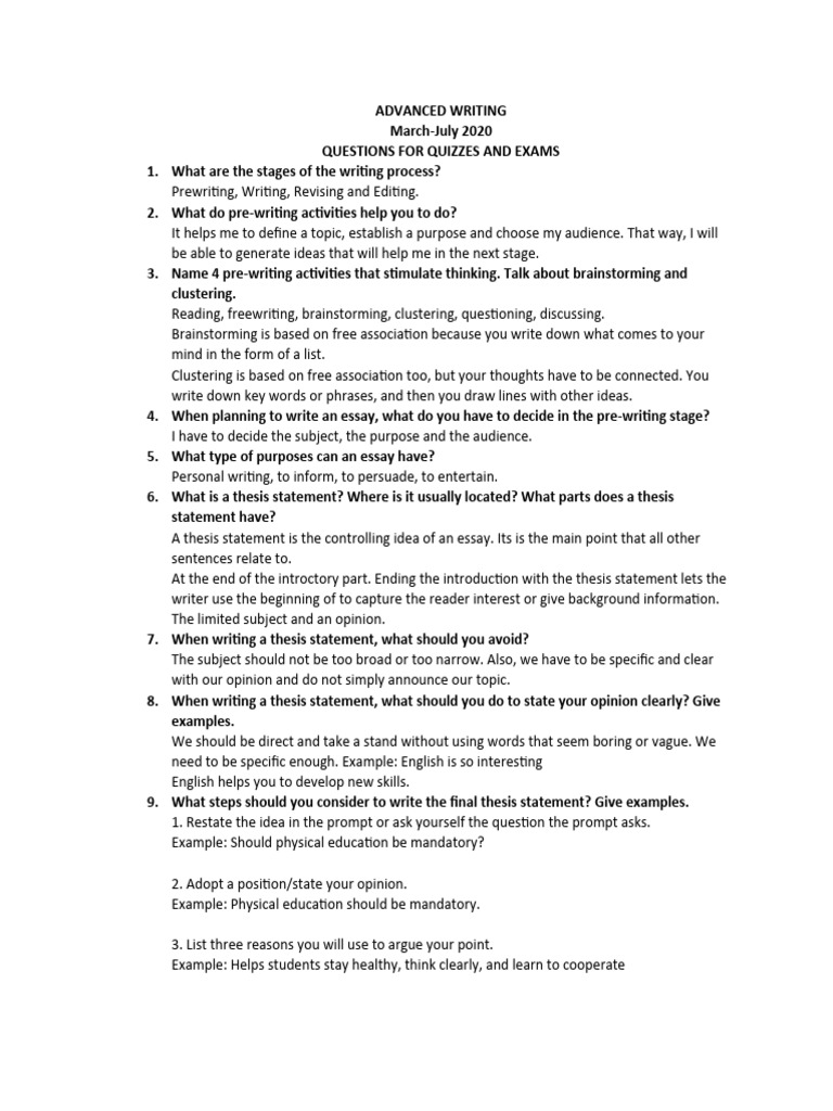 QUESTION BANK Adv Writ Unit 1 Part 1 Parts of Speech Subjects and ...