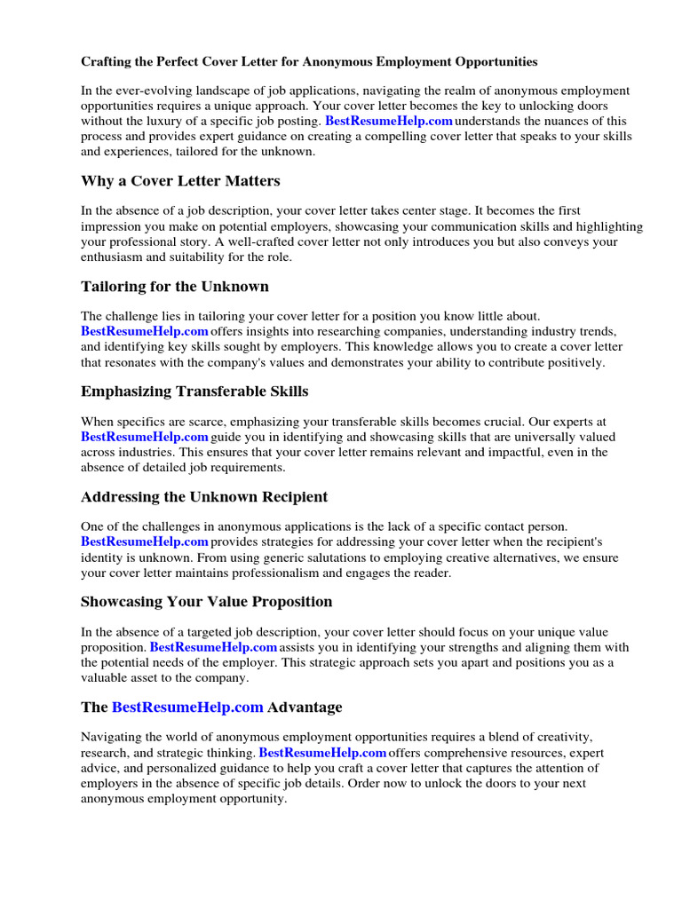 Cover Letter For Anonymous Employer | PDF | Résumé | Employment
