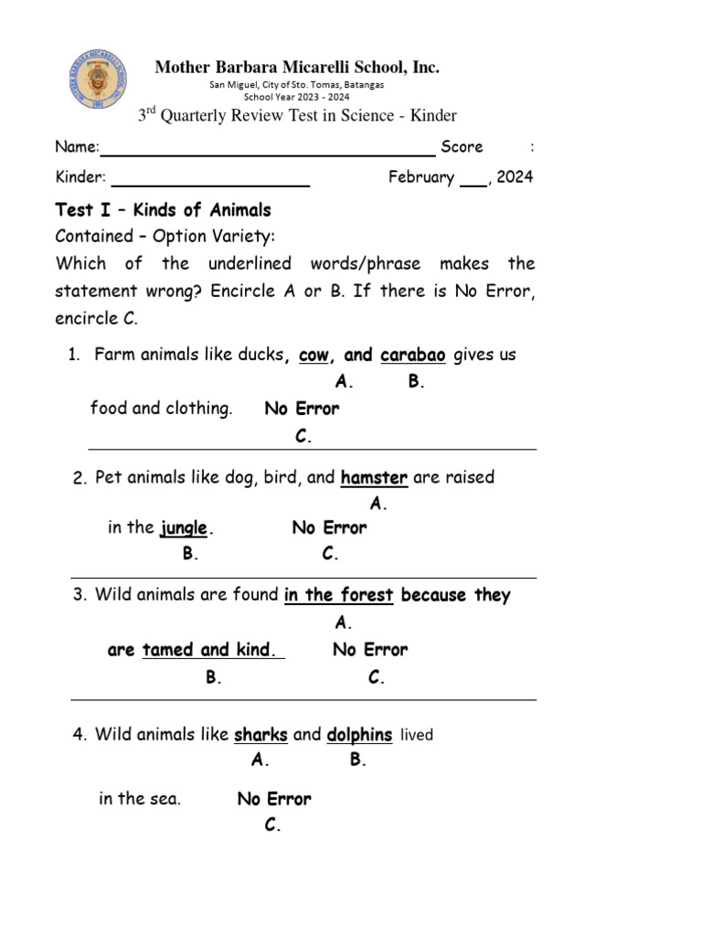 Kinder Science Quarterly Test 2023-2024 | PDF | Organisms
