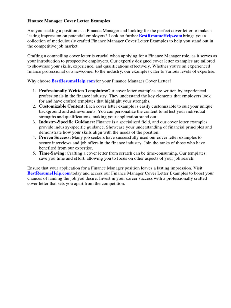 Finance Manager Cover Letter Examples | PDF | Leadership | Expert