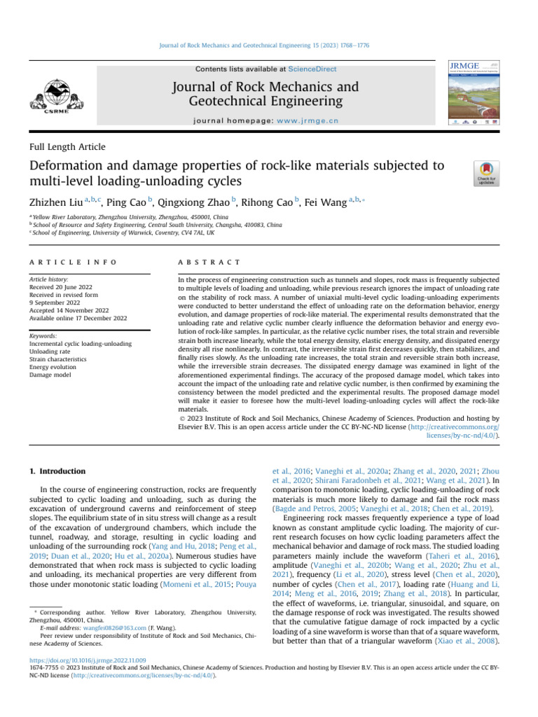 Deformation and Damage Properties of Rock Like - 2023 - Journal of Rock ...