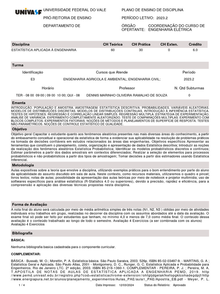 Plano de Ensino - Turma(E3) - 2023 | PDF | Amostragem (Estatística) | Estatísticas