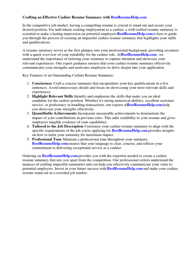 Cashier Resume Summary | Download Free PDF | Résumé | Point Of Sale
