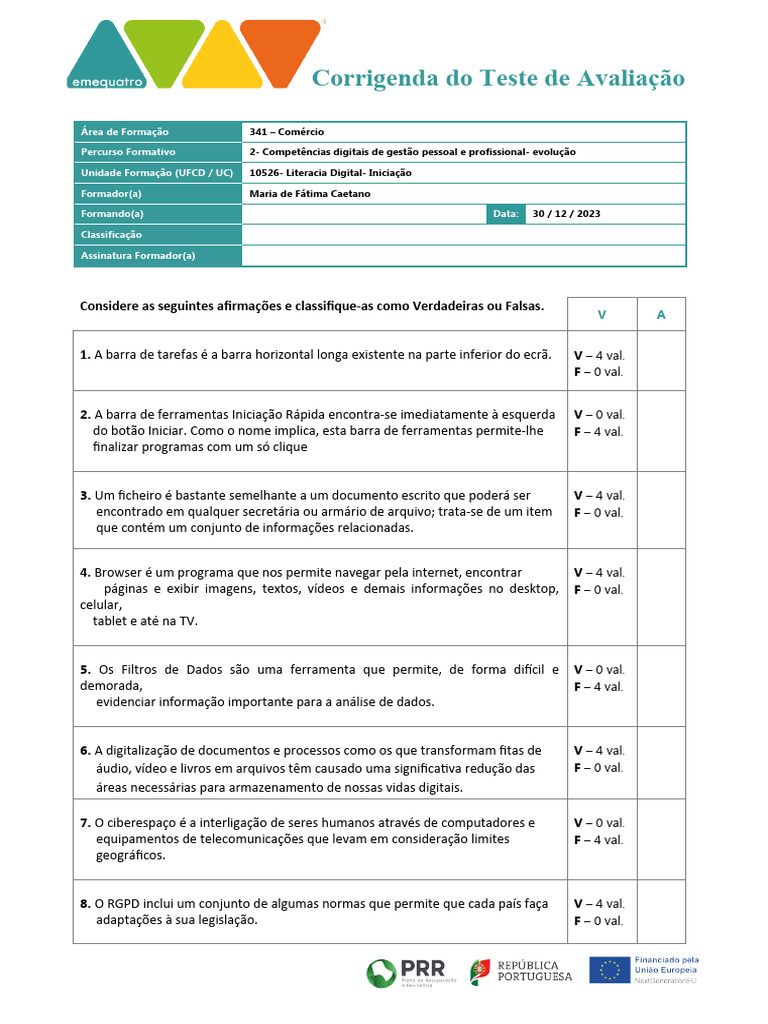 Corrigenda Do Teste de Avaliação | PDF | Vídeo | Tecnologia da Informação