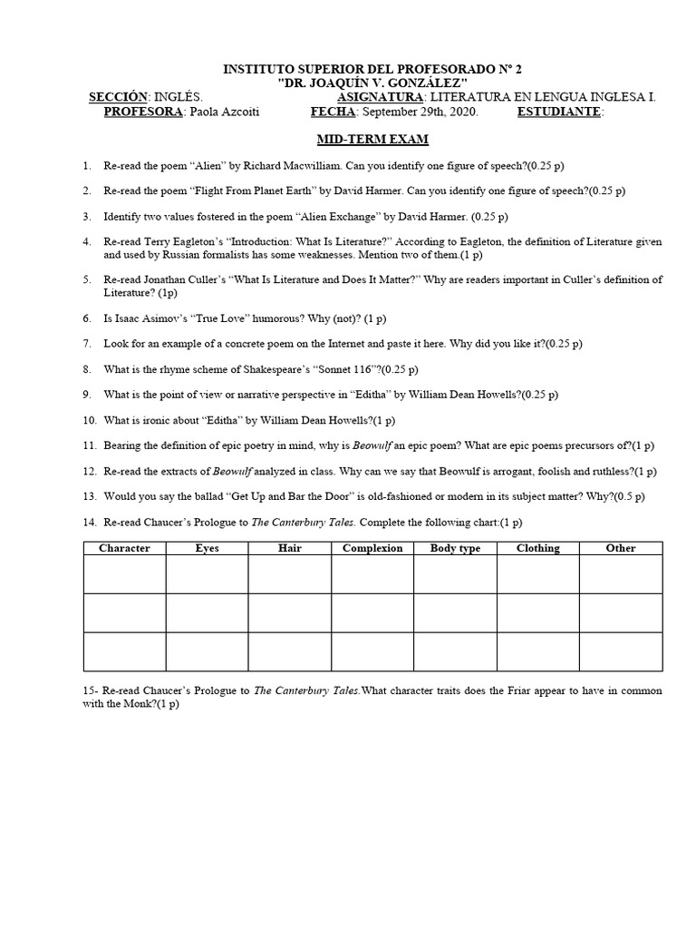 Mid-Term Exam | PDF | The Canterbury Tales | Beowulf