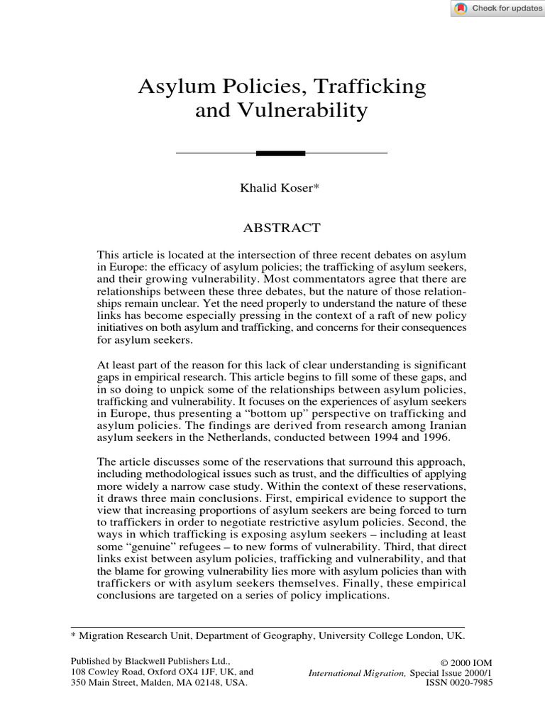 International Migration - 2002 - Koser - Asylum Policies Trafficking and Vulnerability | PDF ...