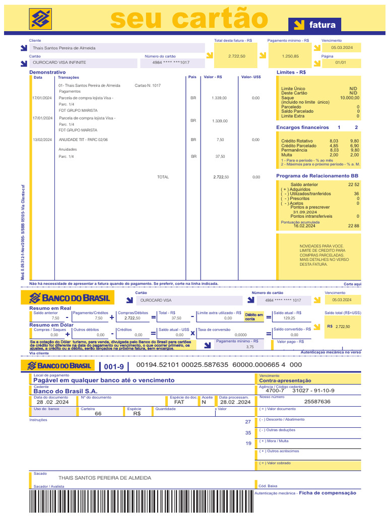 Fatura BB | Download grátis PDF | Cartão de crédito | Visa Inc.
