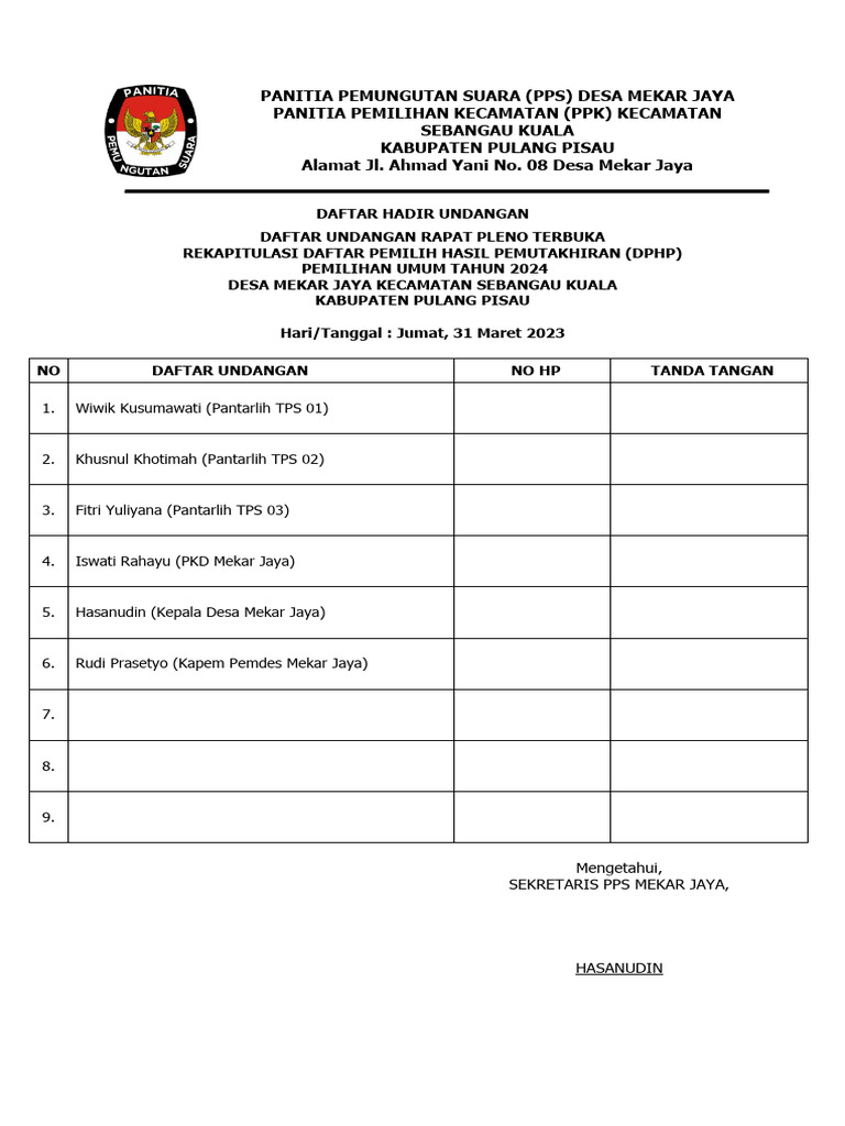 Draft Daftar Hadir Rapat Pleno | PDF