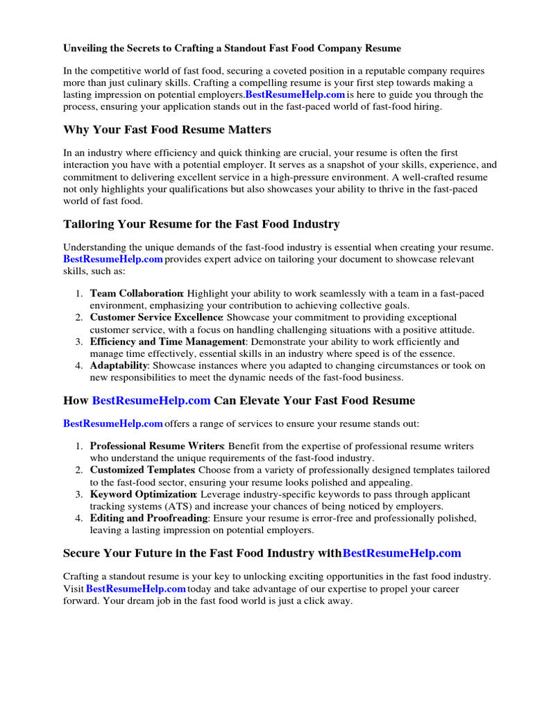 Fast Food Cover Letter | PDF | Résumé | Fast Food