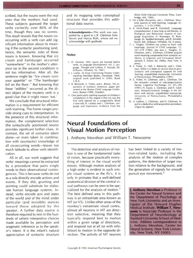 Movshon1992 - Neural Fondation of Visual Motion Perception | PDF | Stimulus (Physiology ...