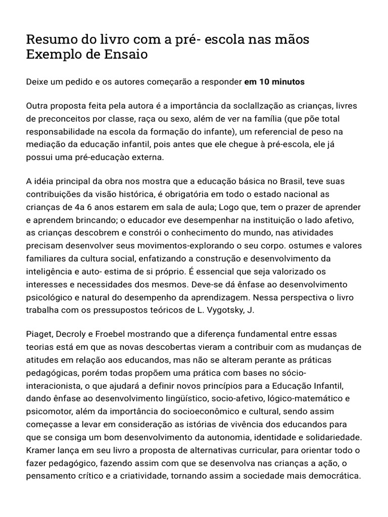 Resumo Do Livro Com A Pré - Escola Nas Mãos Exemplo de Ensaio - T | PDF ...
