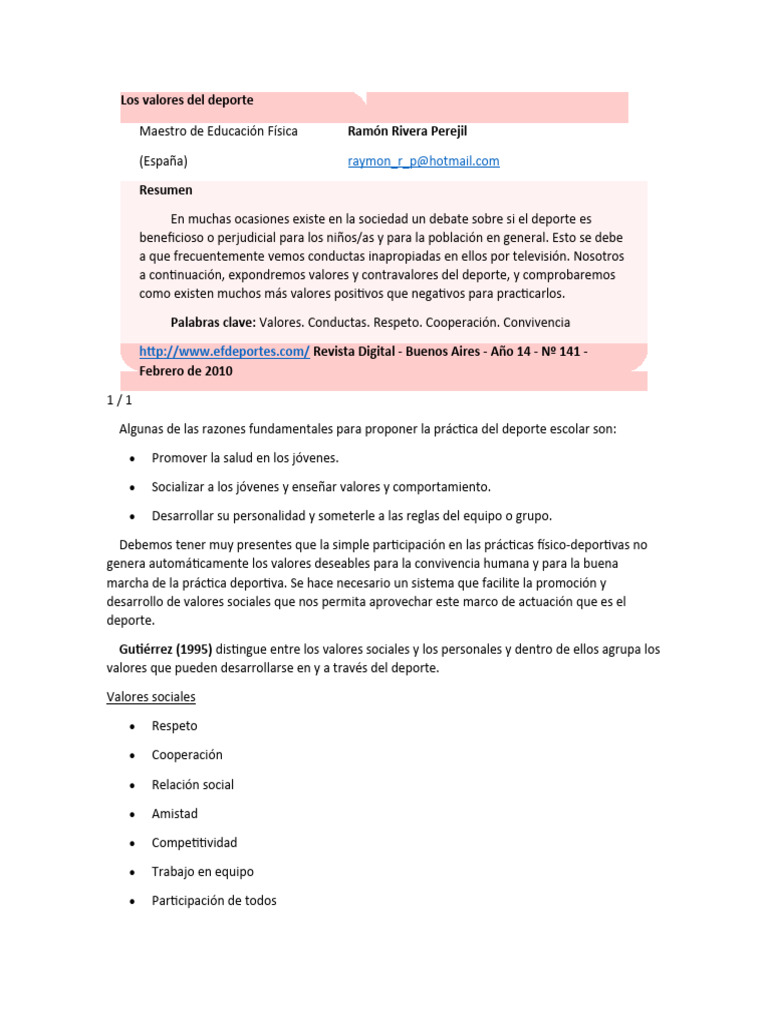 Los Valores Del Deporte Pdf Deportes Comportamiento