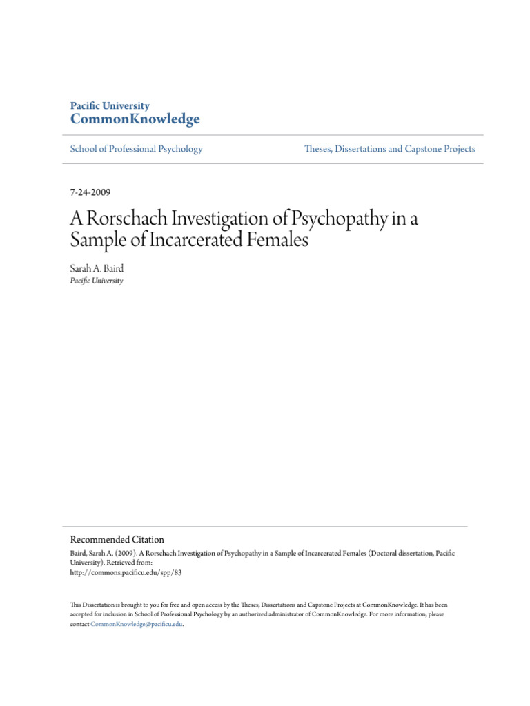 A Rorschach Investigation of Psychopathy in A Sample of Incarcera | PDF ...