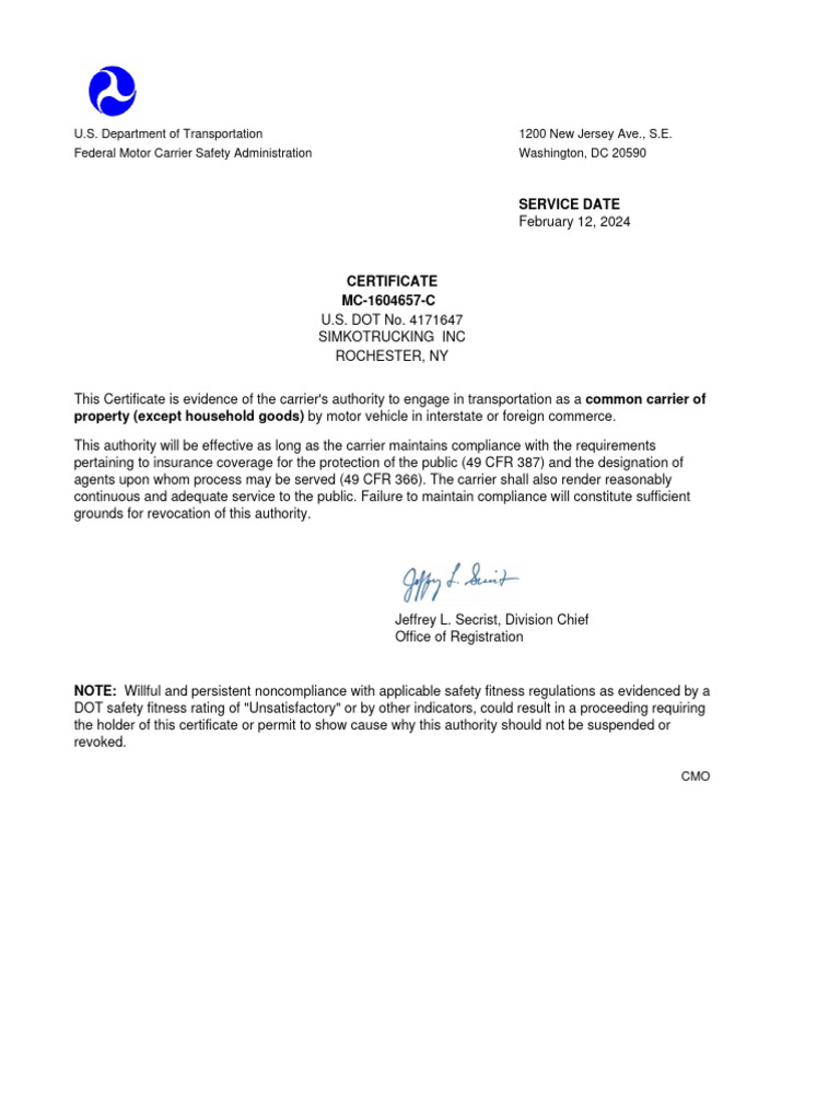 Simko Carrier Packet 2024 | PDF | Insurance | Common Carrier