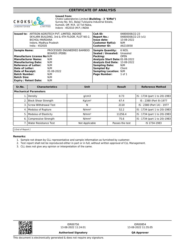Artison PEBB Test Results | PDF | Water | Materials