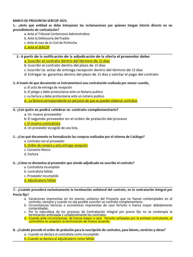Banco de Preguntas Sercop 2023 | PDF