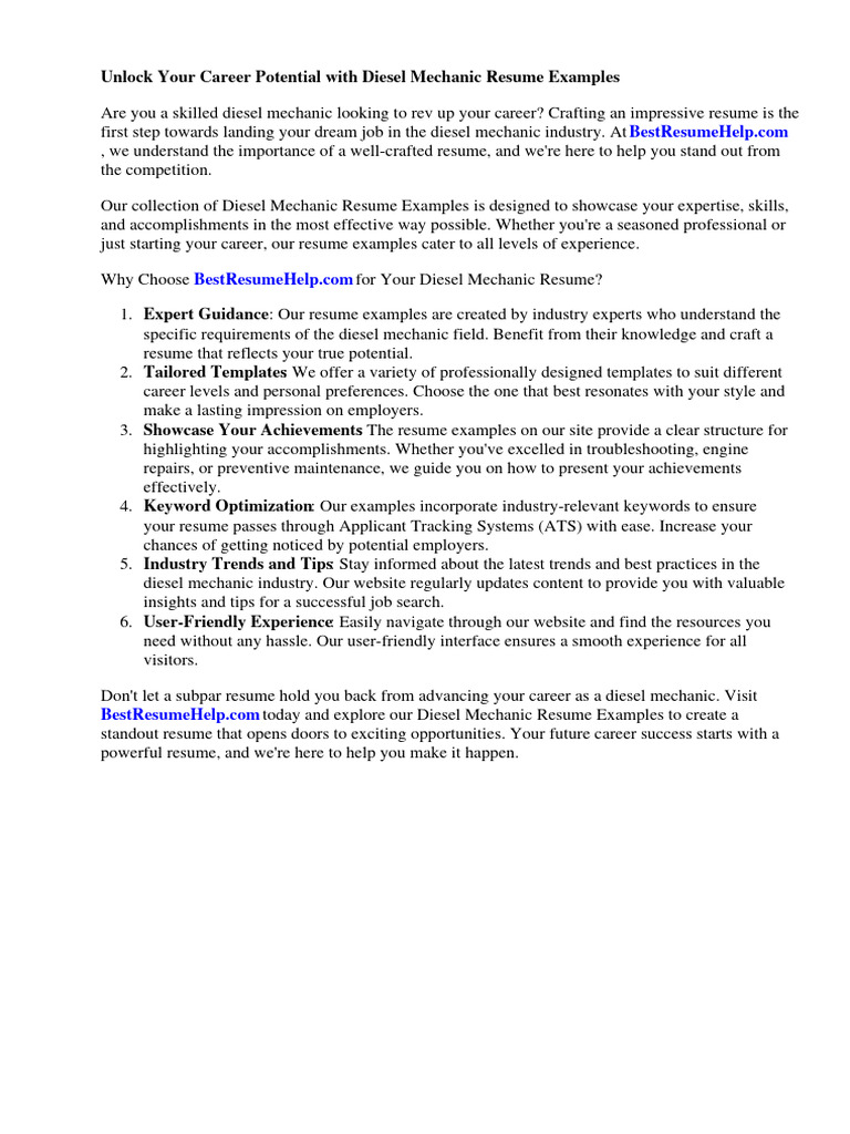 Diesel Mechanic Resume Examples | PDF | Auto Mechanic | Résumé