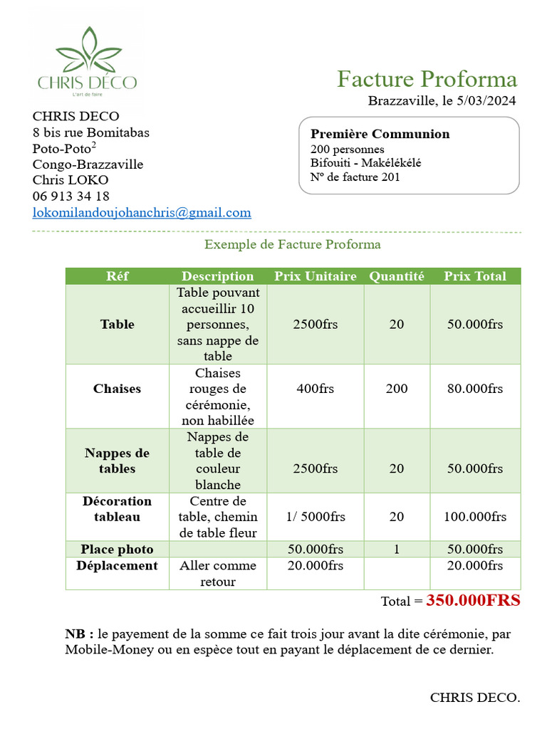 Facture Proforma pour Première Communion | PDF