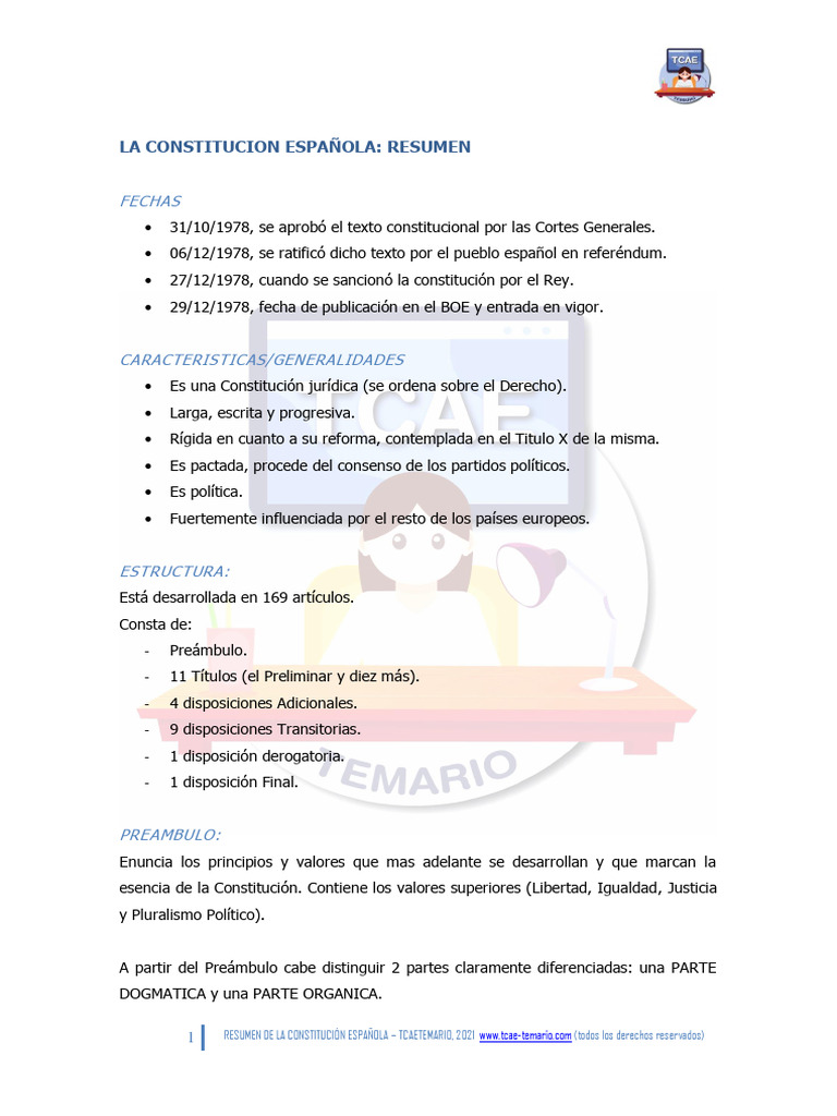Resumen Constitucion Hasta Título I Pdf Constitución España