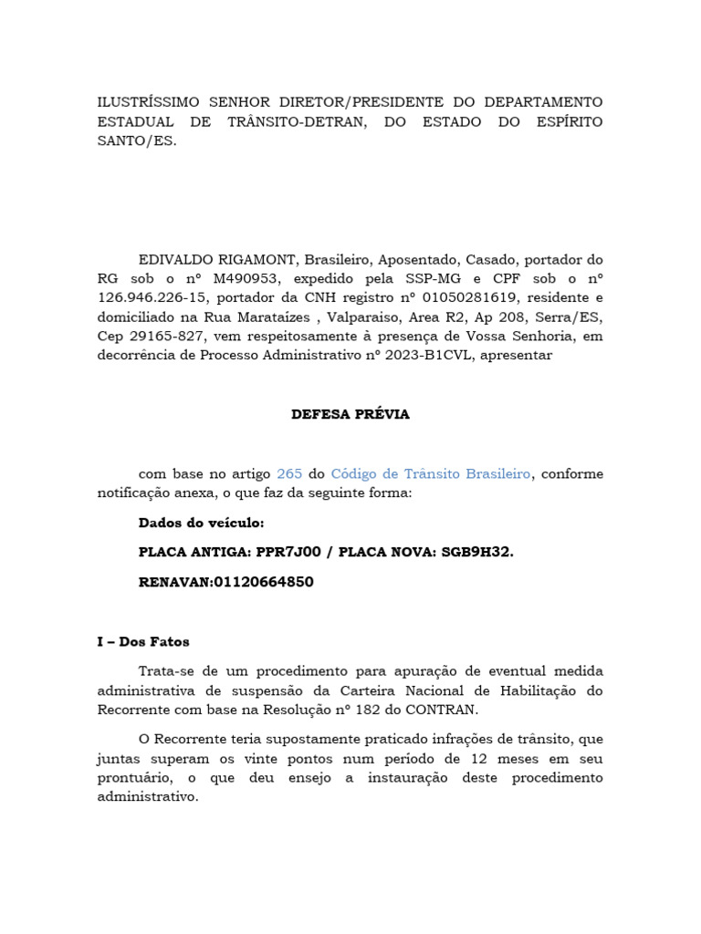 Modelo de Defesa Previa Suspensao Da CNH | PDF