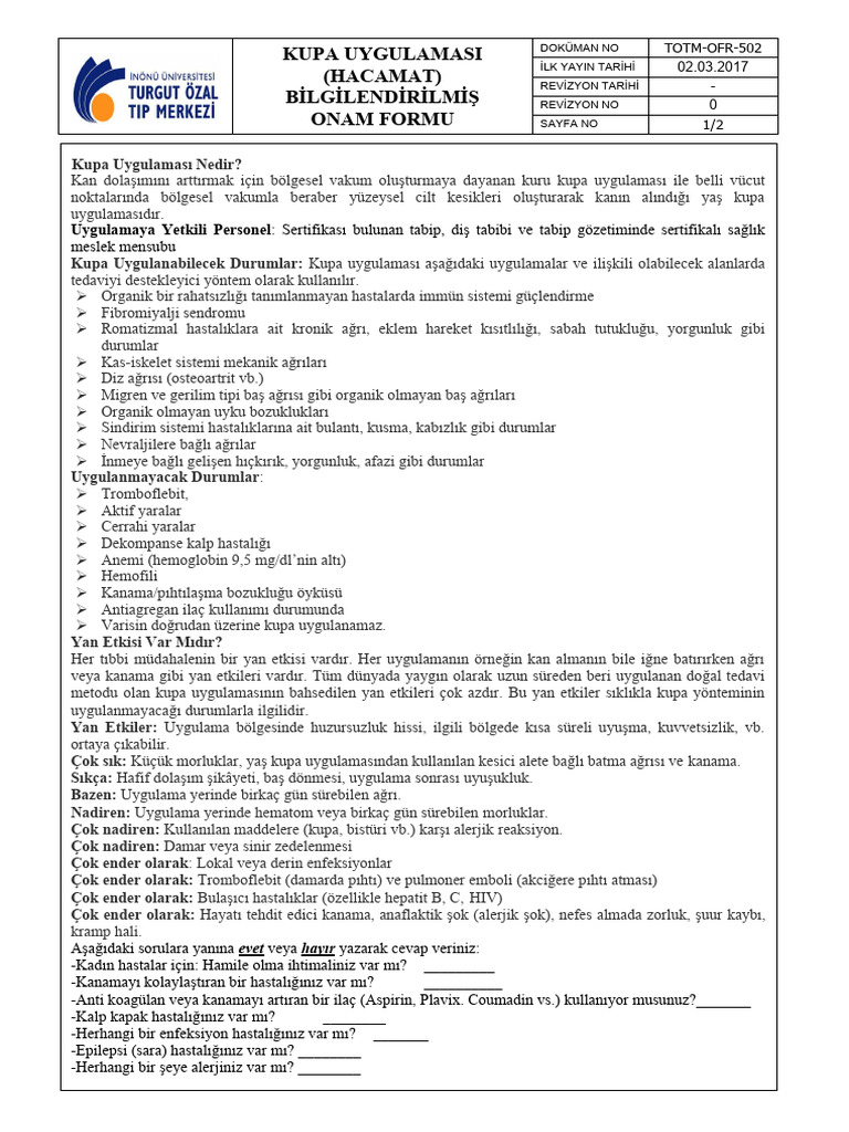 Totm-Ofr-502 Kupa Uygulamasi Bi̇lgi̇lendi̇ri̇lmi̇ş Onam Formu | PDF