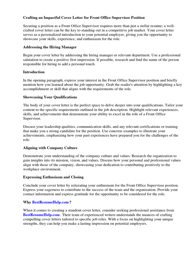 Front Office Supervisor Cover Letter Guide | PDF | Leadership | Experience