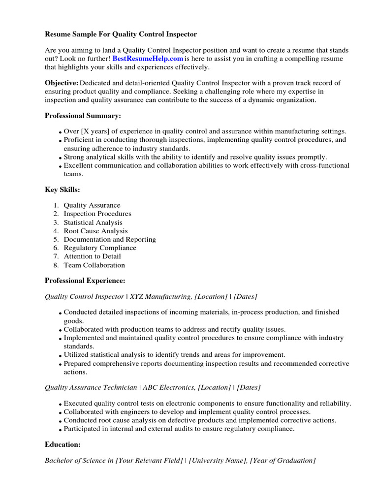 Resume Sample For Quality Control Inspector | PDF | Quality Assurance | Specification (Technical ...